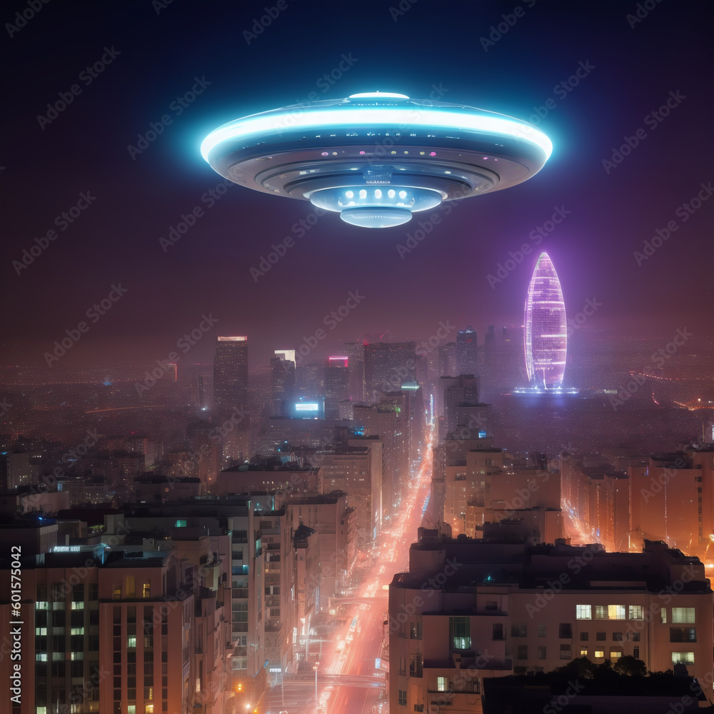 Dark night sky with UFO illuminating the city with its light. Alien ...