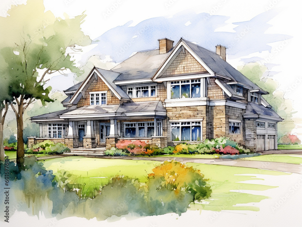 A Watercolor of a Beautiful Home with a Shingle Style Architecture ...