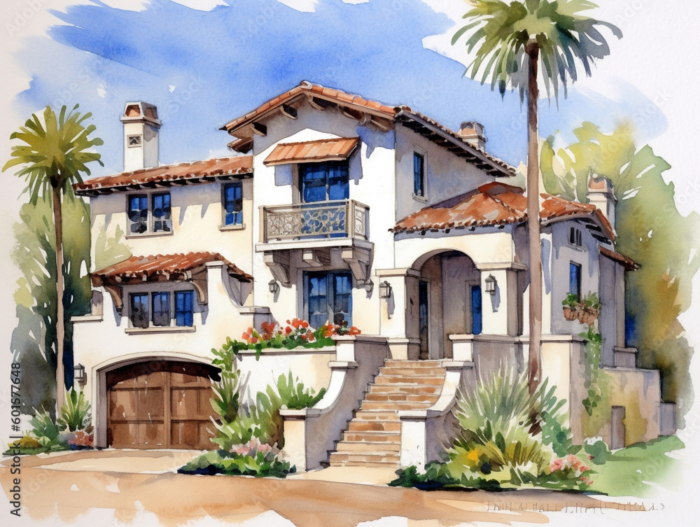 A Watercolor of a Beautiful Home with a Spanish Colonial Architecture ...