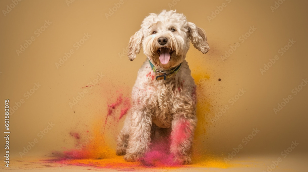 Pastel puppies. Happy dog laughing on plain pastel background. Cute ...