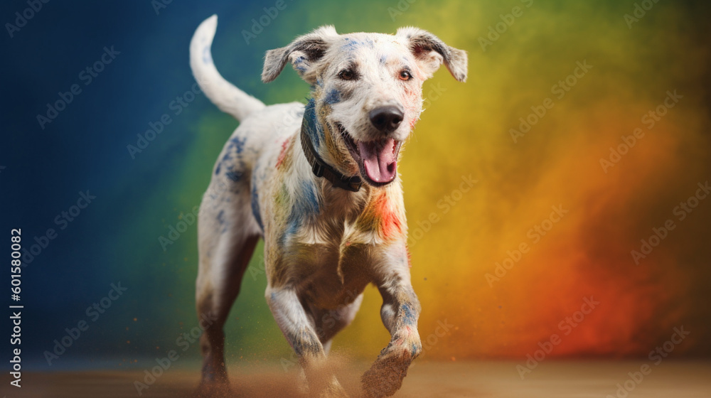 Pastel puppies. Happy dog laughing on plain pastel background. Cute ...