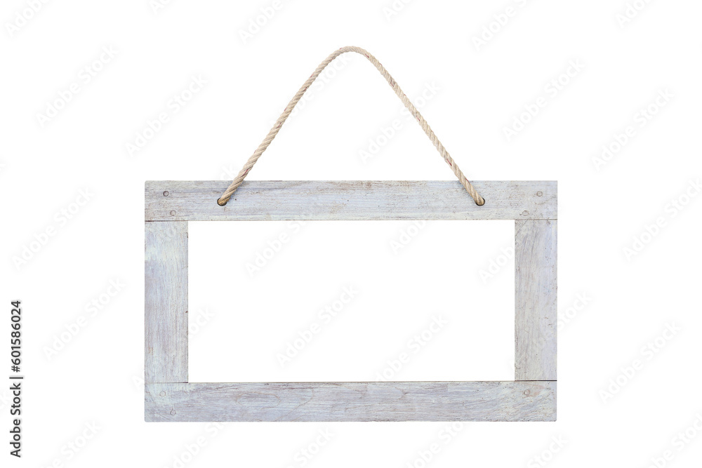 empty wooden sign frame with lope for hang on white background with ...
