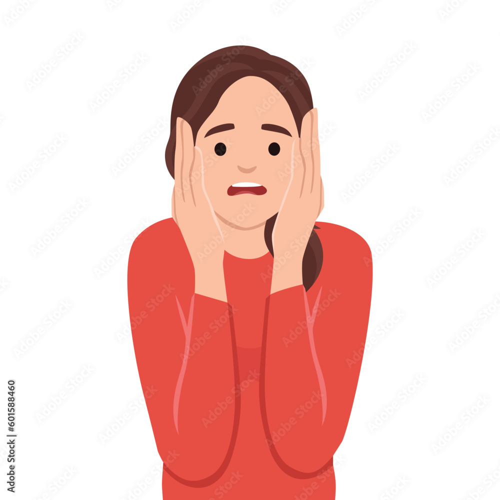 I'm afraid. Fright. Woman afraid and scared panic holding her head ...