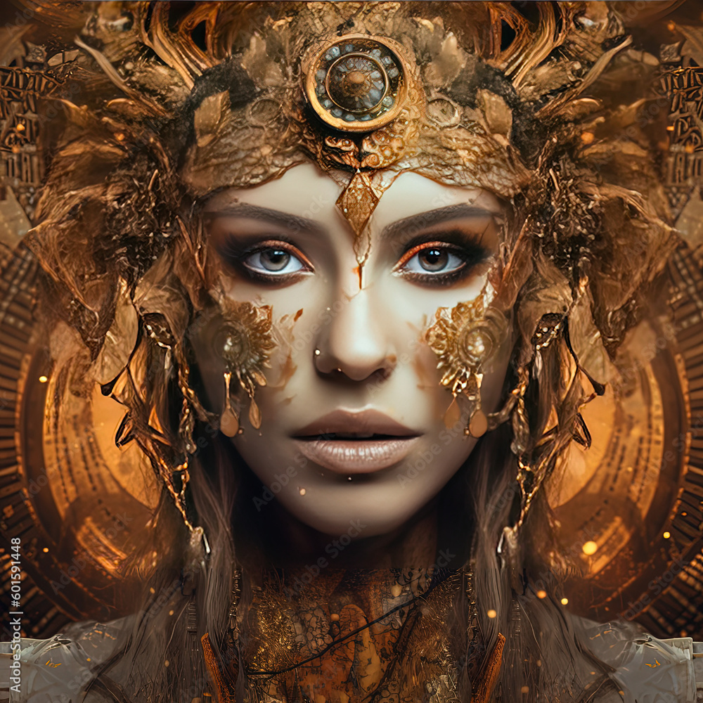A beautiful women with Blue eyes wearing a golden venetian carnival ...