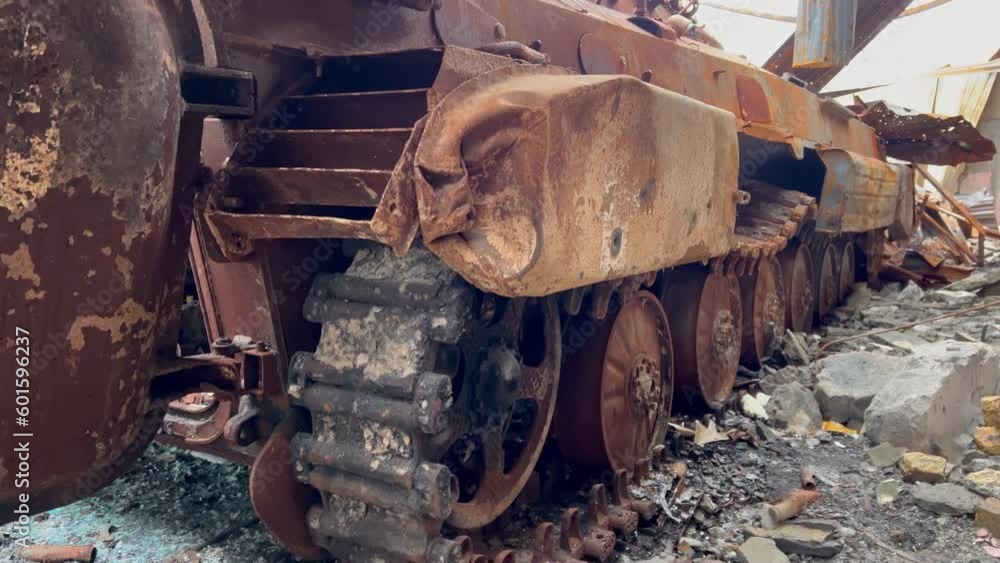 infantry fighting vehicle burned down from being hit by shells while ...