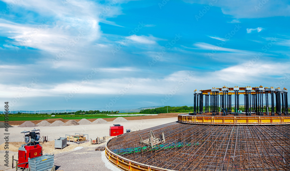 Construction site. concrete foundation of wind turbines with concrete ...