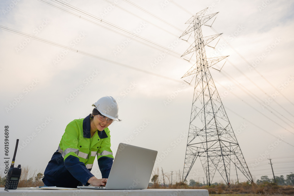 A picture of an Asian female electrical engineer using a laptop ...