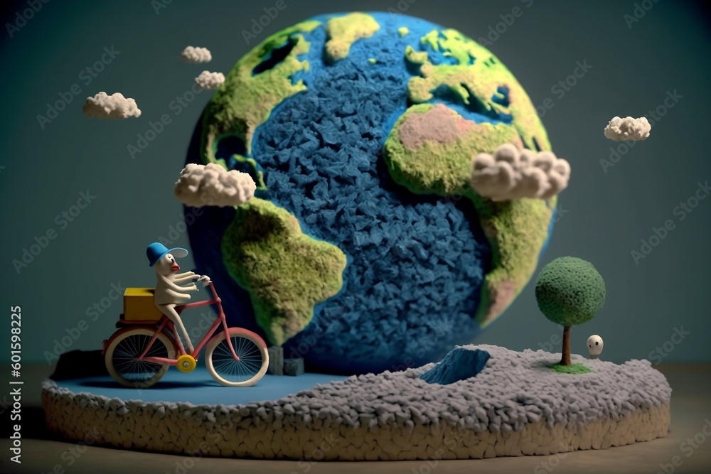 A clay model riding a bike bicycle with green earth in the background ...