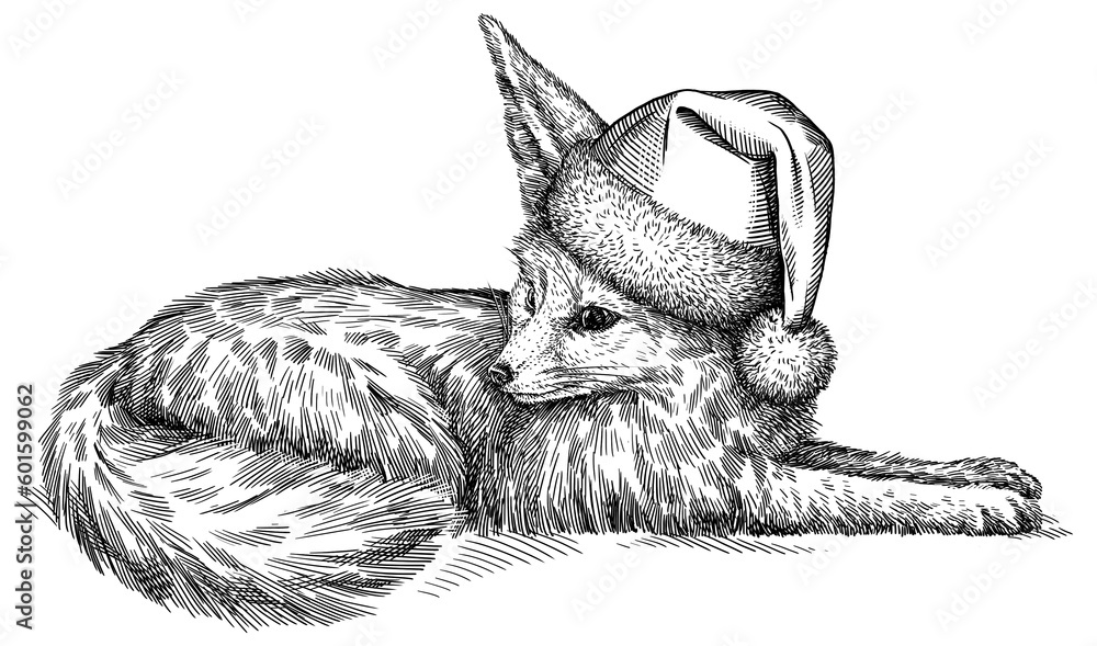 Vintage engraving isolated fennec set dressed christmas illustration ...