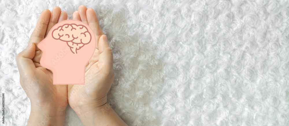 Human hand hold care brain health therapy, alzheimer, cancer, stroke ...