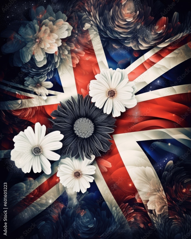 The illustration features a floral British background and the UK flag ...