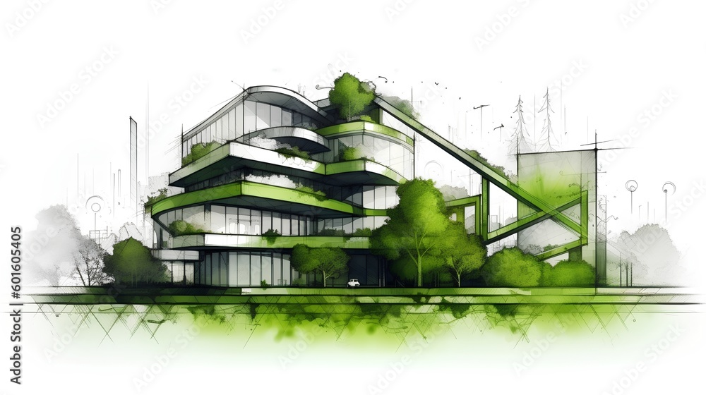 Sketch of green architecture, illustrating a sustainable development ...