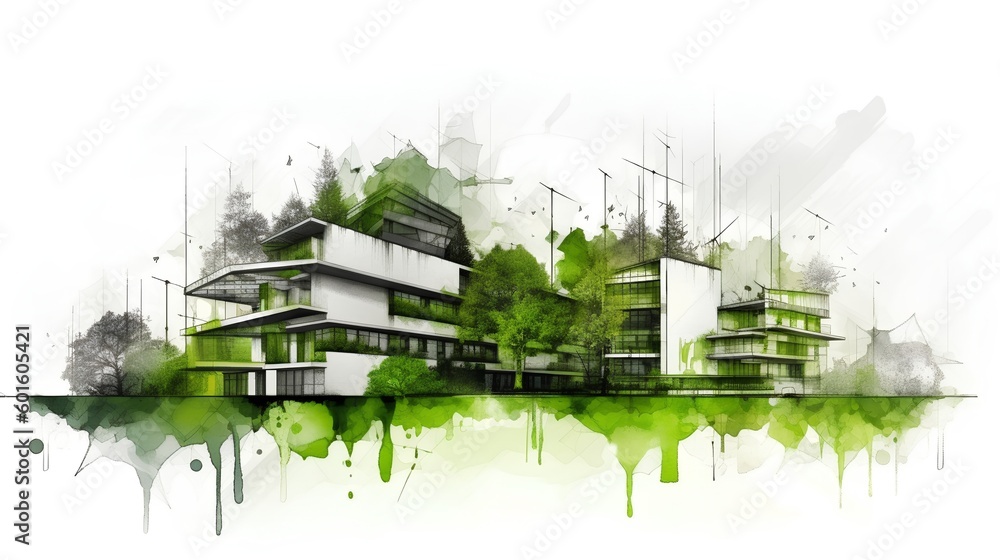 Sketch of green architecture, illustrating a sustainable development ...
