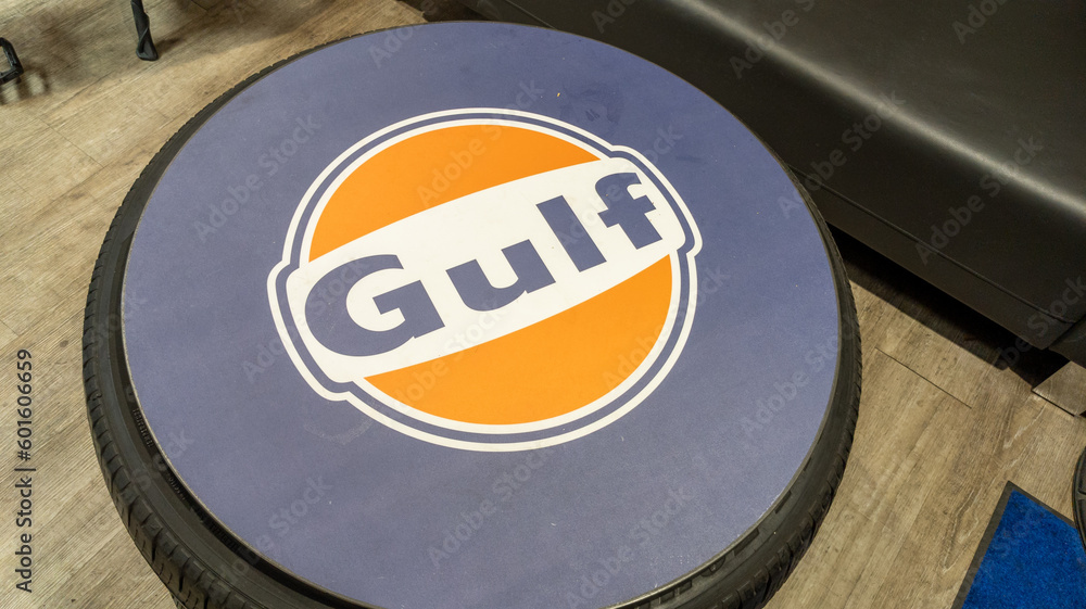 gulf motor oil gas station logo brand and text sign of us international ...
