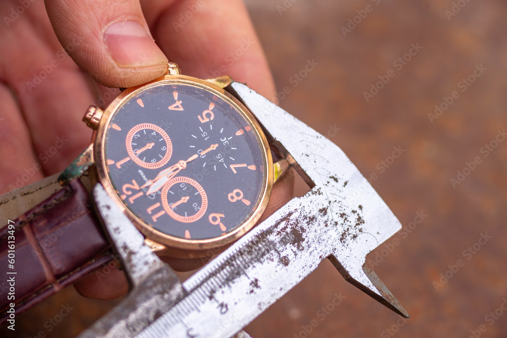 time measurement concept moving, watch ticking metal shtangel carefully ...