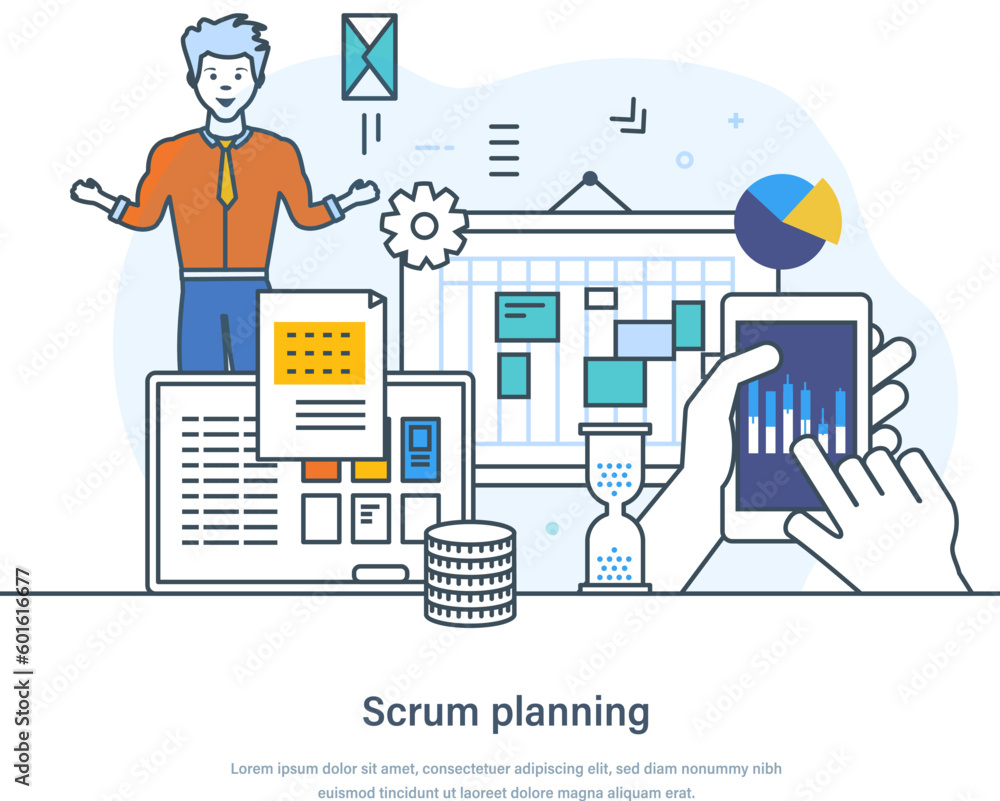 Scrum planning process agile development, task sprint teamwork ...