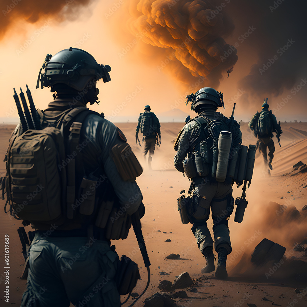 Illustration of special forces soldiers crossing a destroyed war zone ...