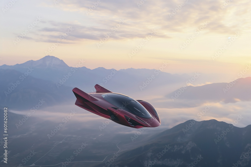 Sports flying car hovering over landscape. Vertical landing flying taxi ...