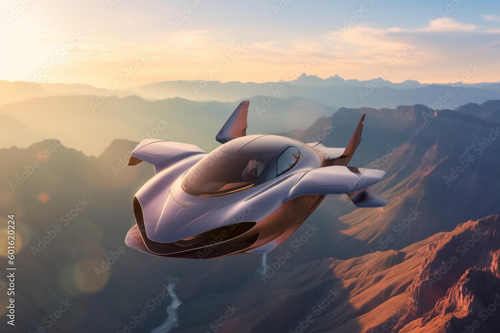 Sports flying car hovering over landscape. Vertical landing flying taxi ...