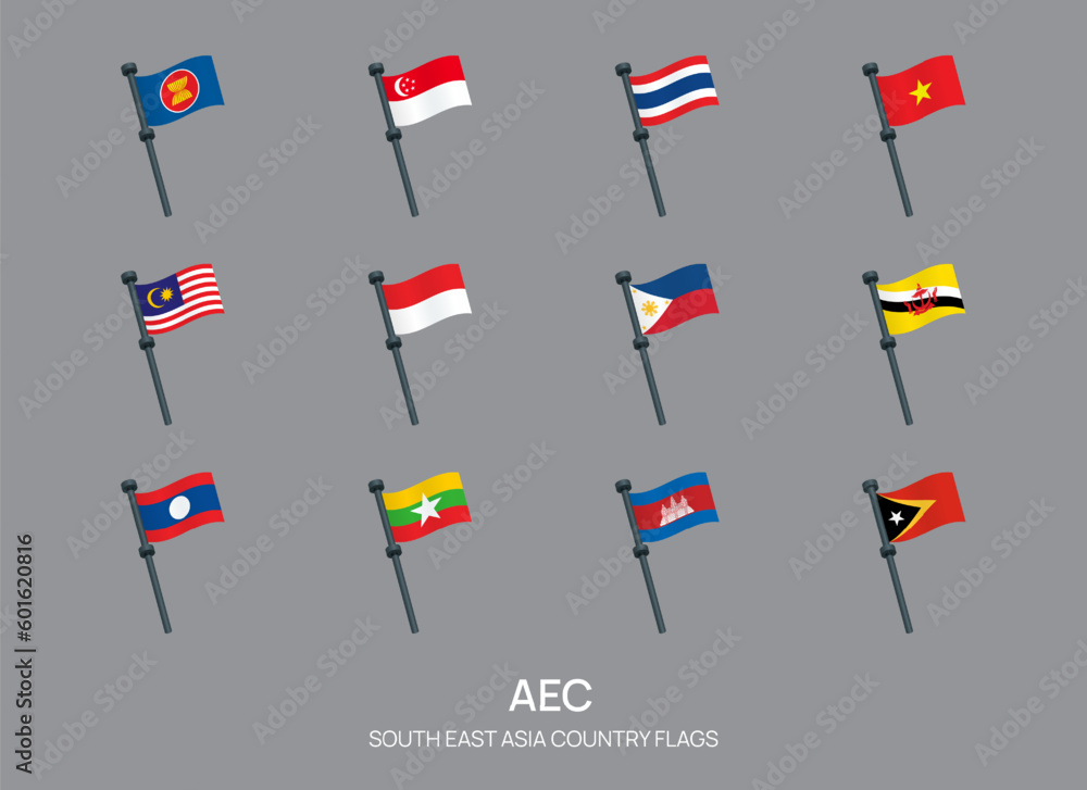 Southeast Asia countries flags set and AEC members, vector design ...