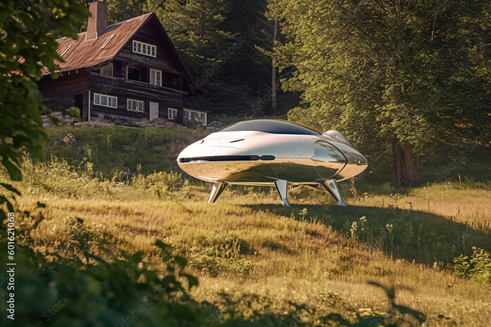 Sports flying car hovering over landscape. Vertical landing flying taxi ...