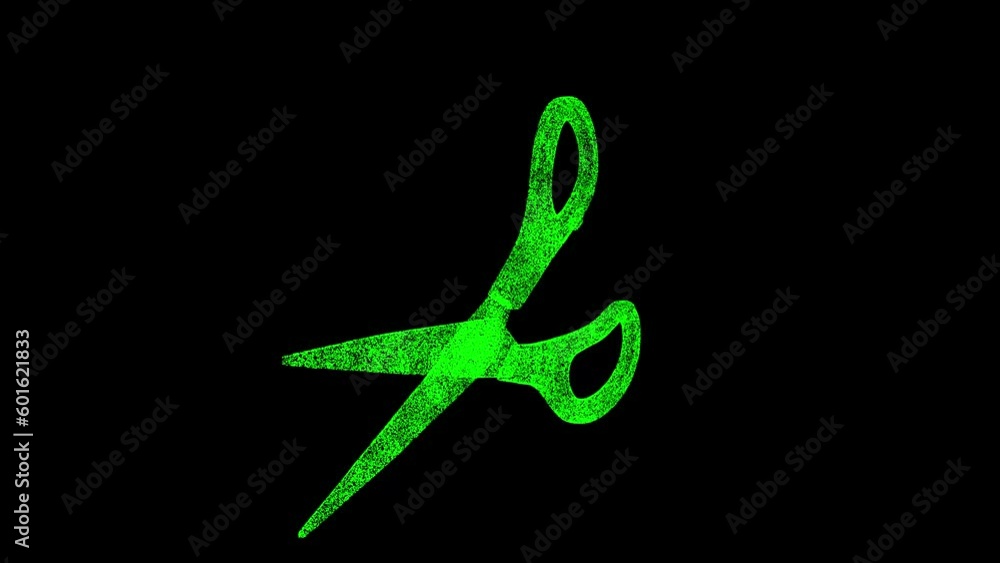 3D scissors rotates on black background. Object made of shimmering ...