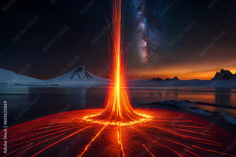 unreal volcano pouring flows of glowing lava , apocalyptic beauty of ...