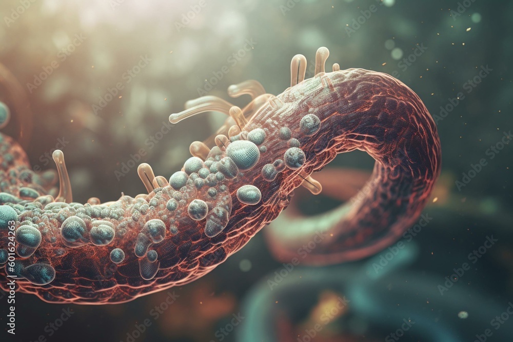 3D medical illustration of Helicobacter pylori causing gastritis and ...