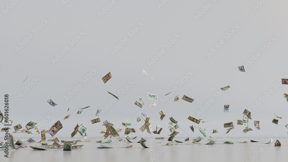 Cash Falling to the ground against White Backdrop. Savings concept ...