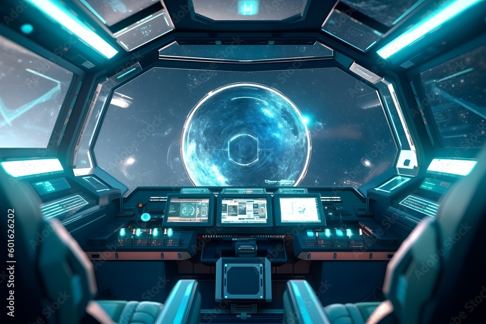 fantasy futuristic space-craft cabin with control panel, ai tools ...