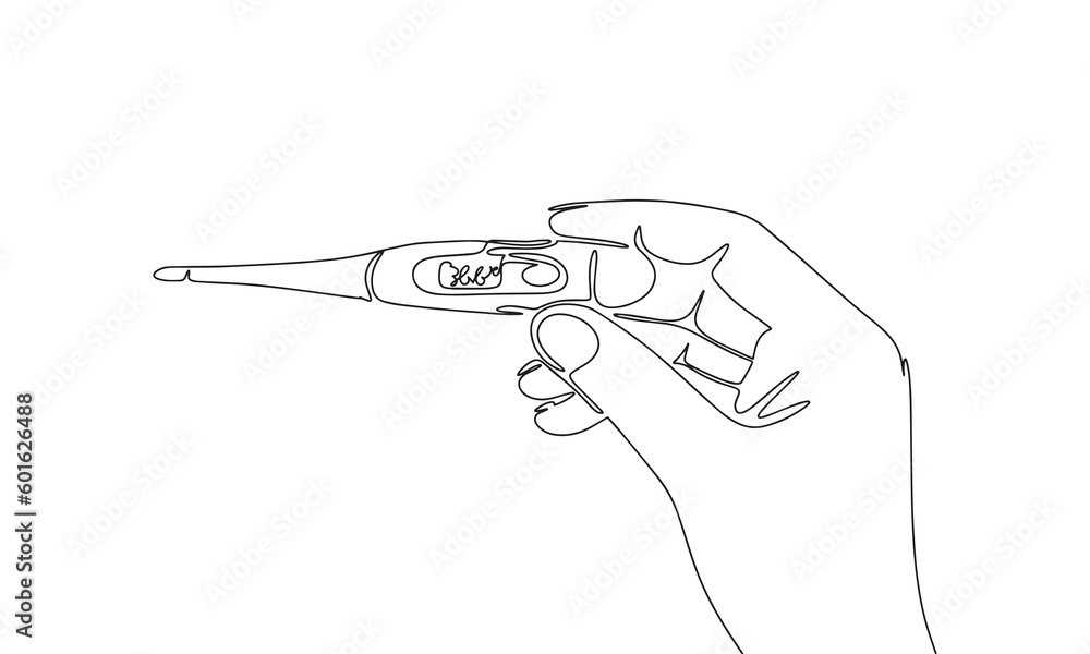 Hand with thermometer showing 36.6. One line continuous normal ...