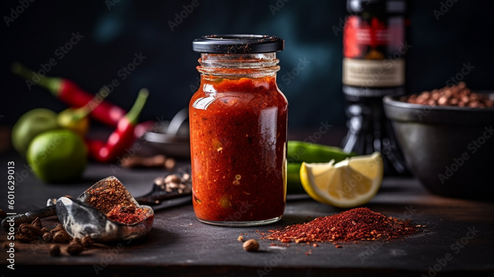 product photography of the carolina reaper paste in a glass bottle with ...