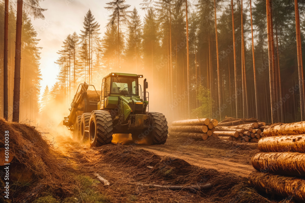 Harvester heavy forestry vehicle working in the sunset. Tractor in ...