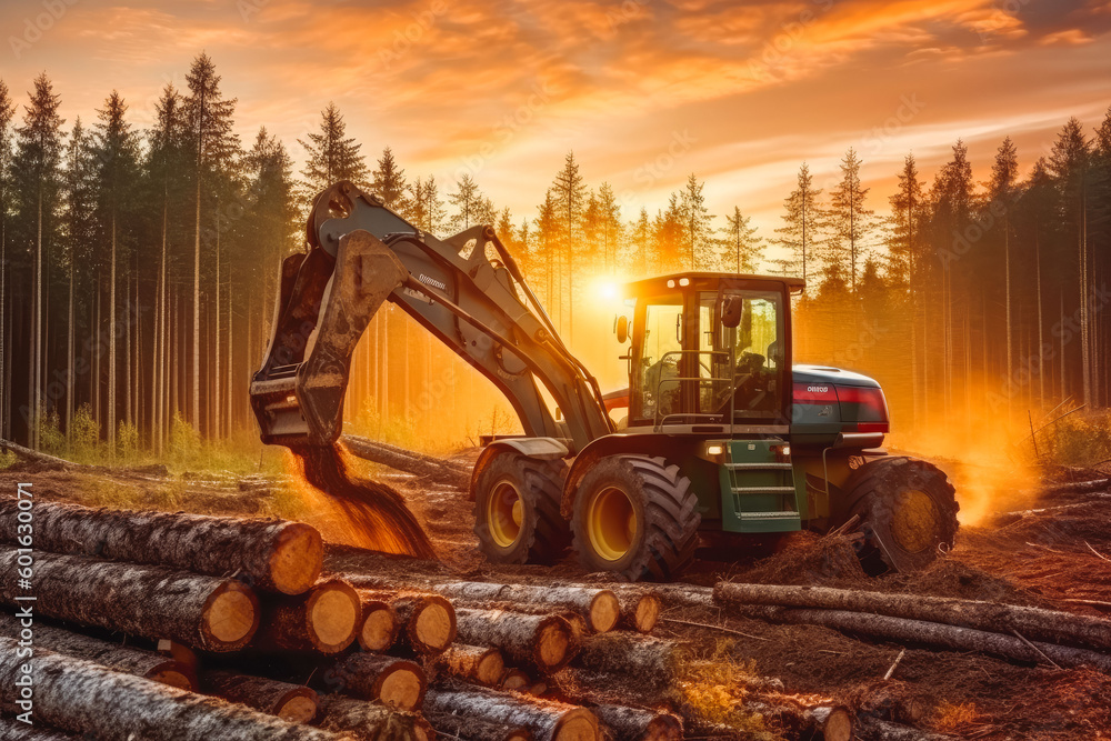 Harvester heavy forestry vehicle working in the sunset. Tractor in ...