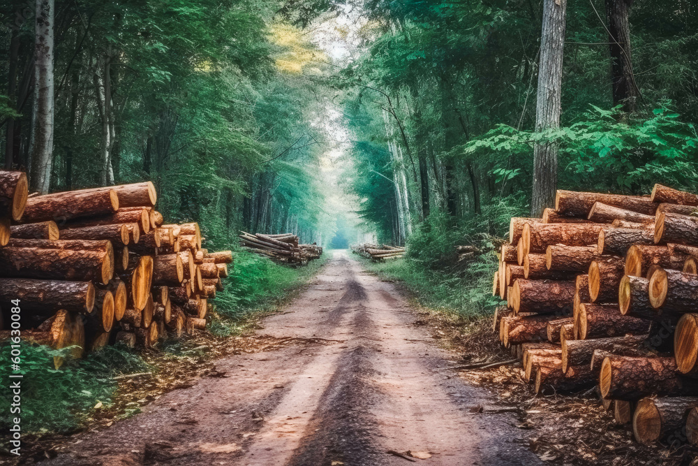 Fallen logs of trees from the forest lie on the road. Forestry, cutting ...