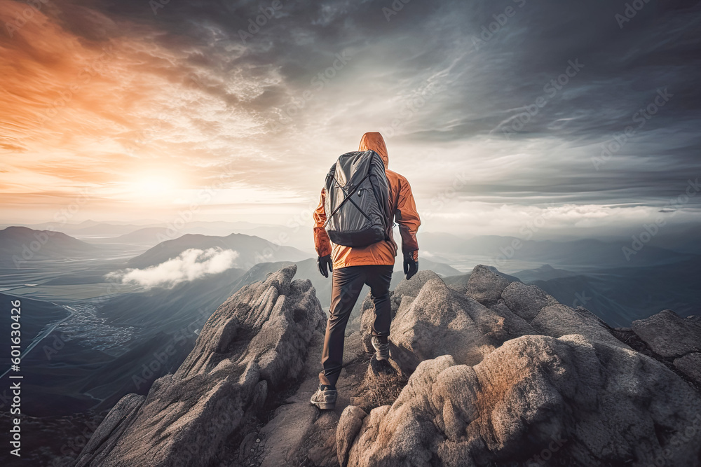 Setting goals in life concept. Mountain climber heading to the top ...