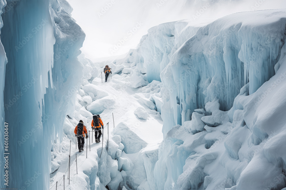 Climbers crossing a crevasse over a ladder. Everest Nepal hiking in ...