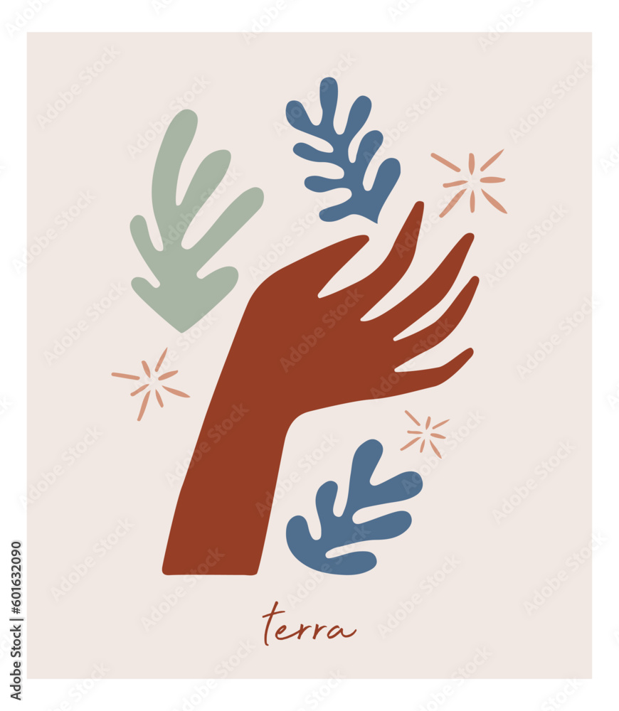 Minimalistic hand illustration, with leaves. Contemporary aesthetic ...