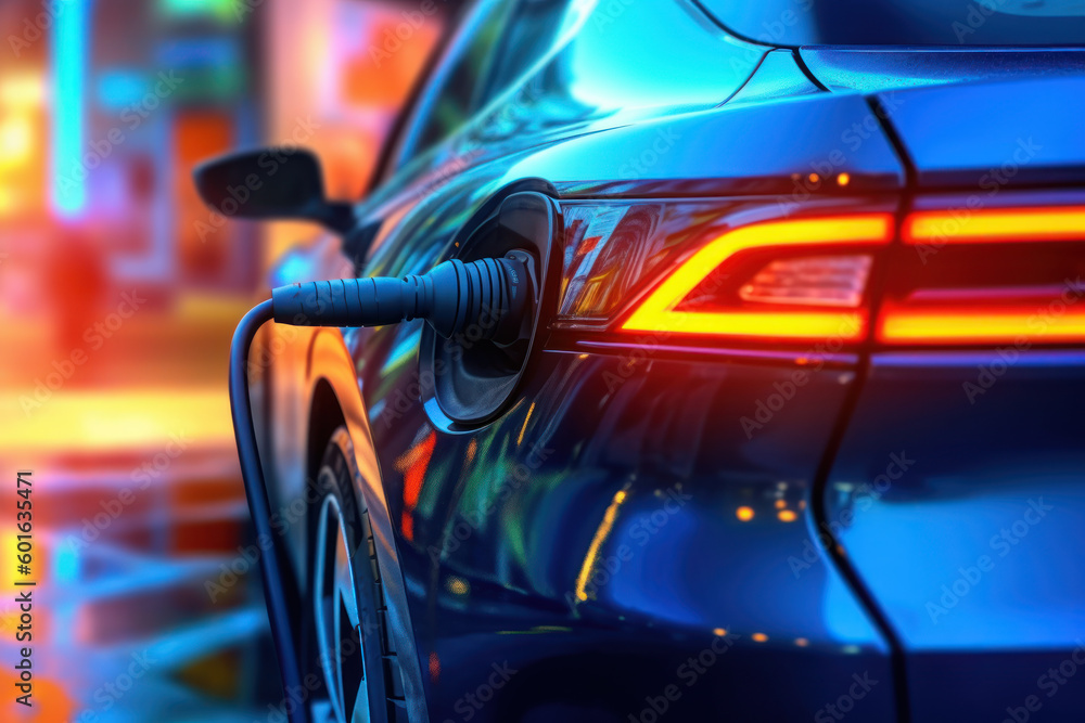 Blue Charging Cord Connected to Car at Electric Vehicle Charging ...