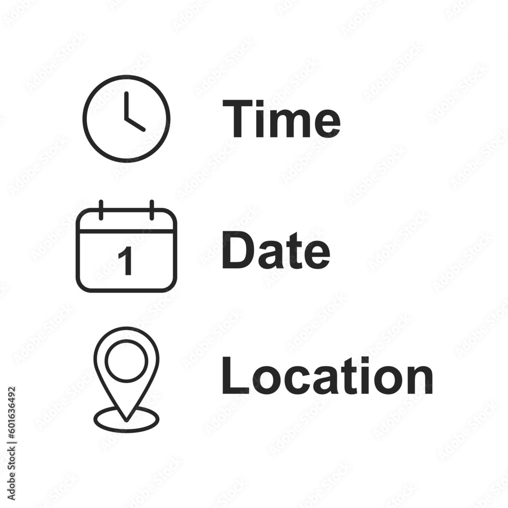 Date, time, location icon set in flat style, vector icon set of date,time, location isolated on ...