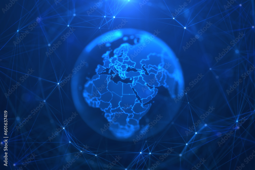 Blue holographic globe with nodes connected around earth.. Concept of ...