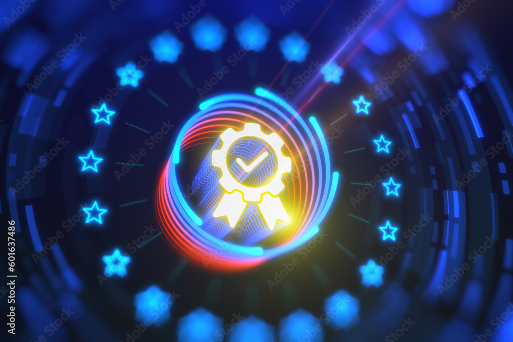 Yellow glowing certificate icon on a blue background. Concept of ...