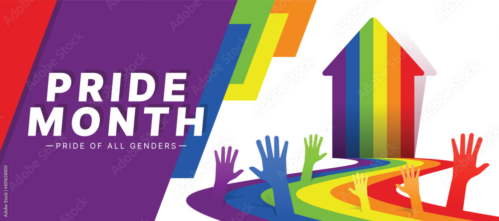 Pride month, pride of all genders text Raised hands on rainbow arrow ...