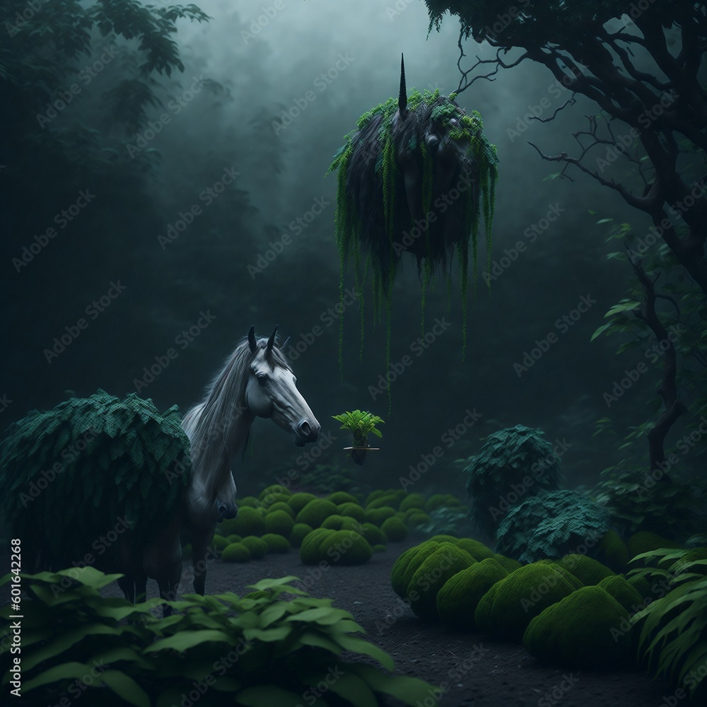 green garden in drizzly rain with foggy sky and a unicorn, ultra ...