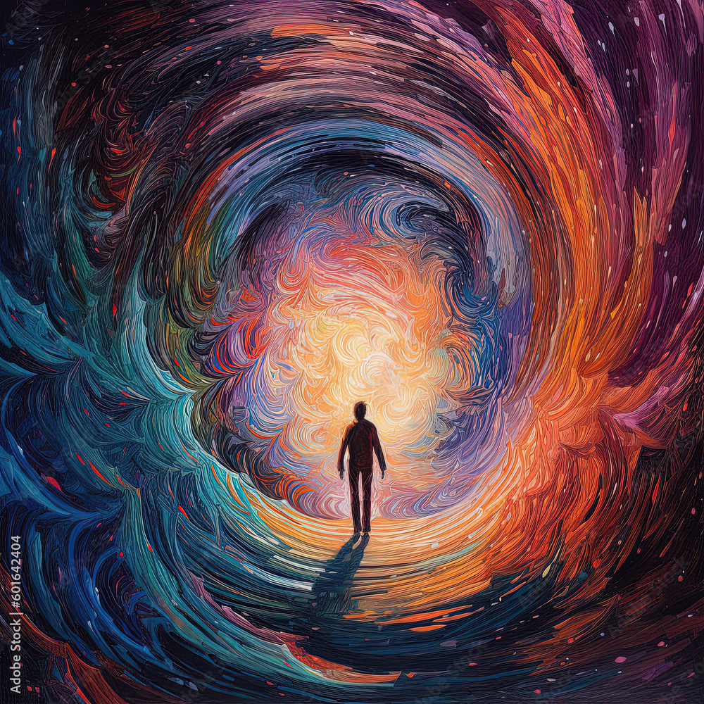 Person in a vortex, tunnel to a new life or heaven. Concept of soul ...