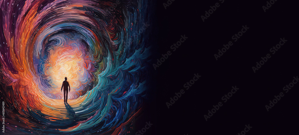 Person in a vortex, tunnel to a new life or heaven. Concept of soul ...