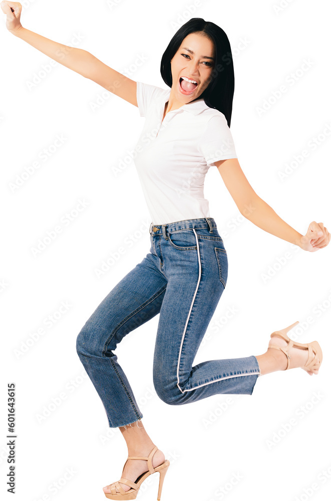 Cheerful positive asian lady jumping on air raised fists hand look at ...