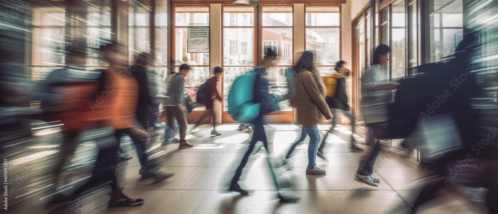blurred group of young students going to class in fast movement ...