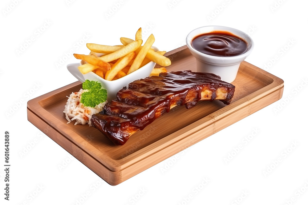 Grilled ribs with barbecue sauce and french fries on cutout PNG ...