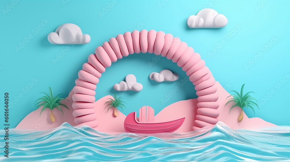 Pink rubber Boat on the sea artwork for vacation time. Blue wave of the ...